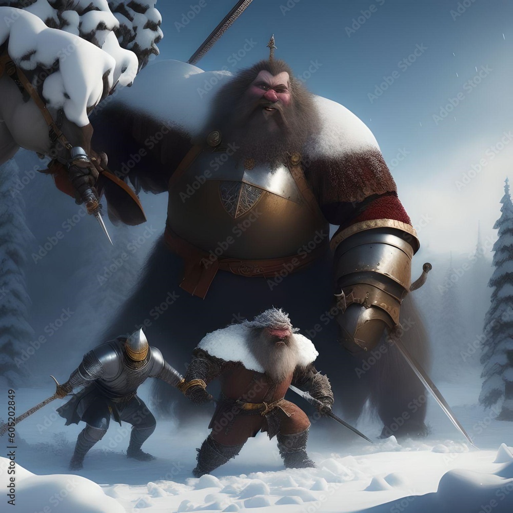 Giant Troll Standing Over Two Dwarves as They Are Patrolling the Winter ...
