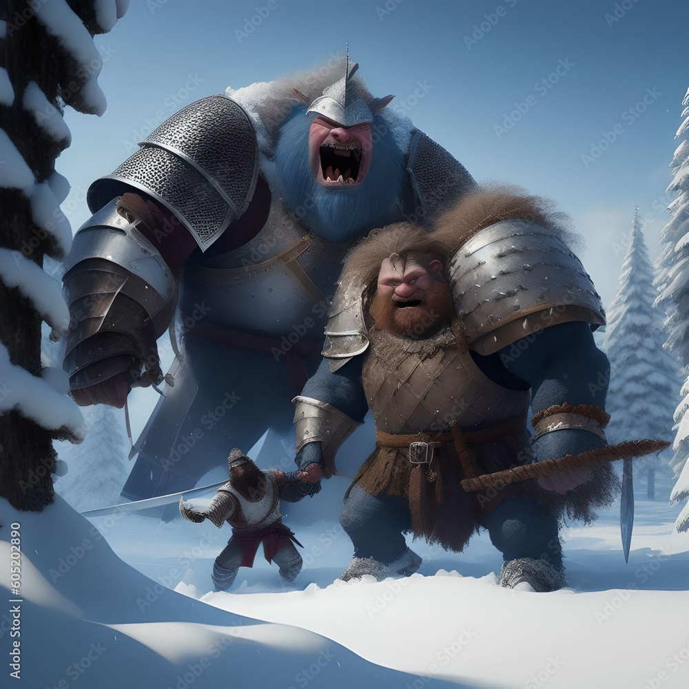 Two Giant Armoured Trolls Screaming at a Human Knight Who is Facing Off ...