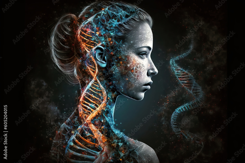 Poster Abstract Woman portrait among DNA chains – Muurposter | Europosters
