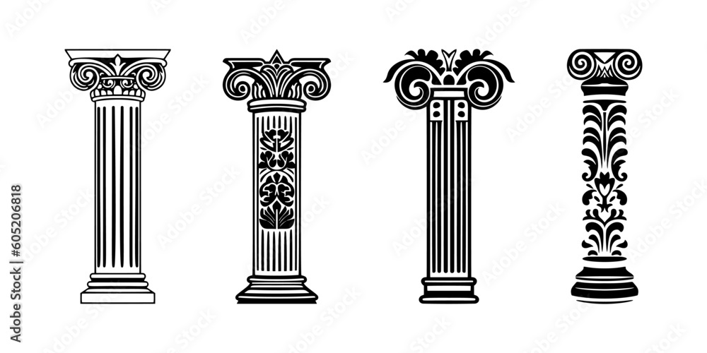 Pillar Icon, Greek Column Silhouette Set, Ancient Roman and Egyptian ...