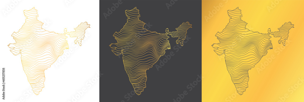 set of 3 abstract maps of India - vector illustration of striped gold ...