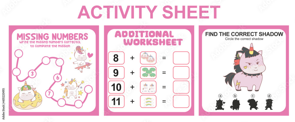 Activity sheet for children. 3 in 1 Educational printable worksheet. Missing numbers, counting ...
