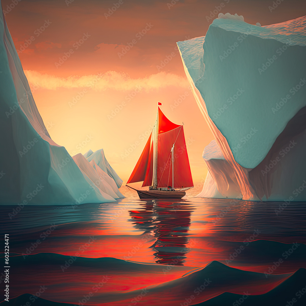 Sailing ship with red sails cruising near Greenland during sunset ...