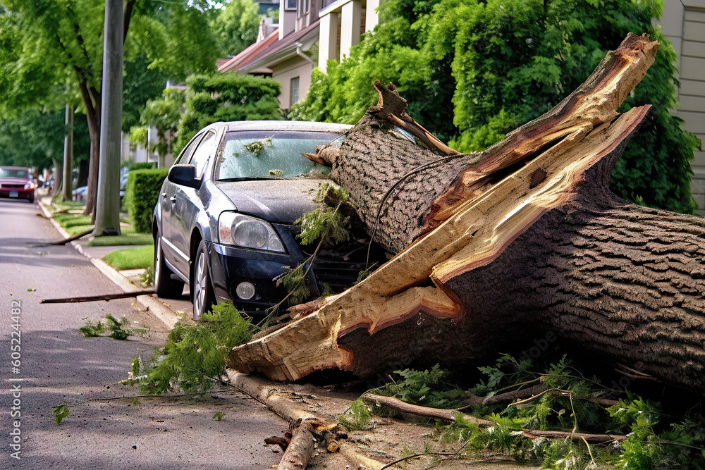 Car under a fallen tree after big storm. Generative AI. Stock ...