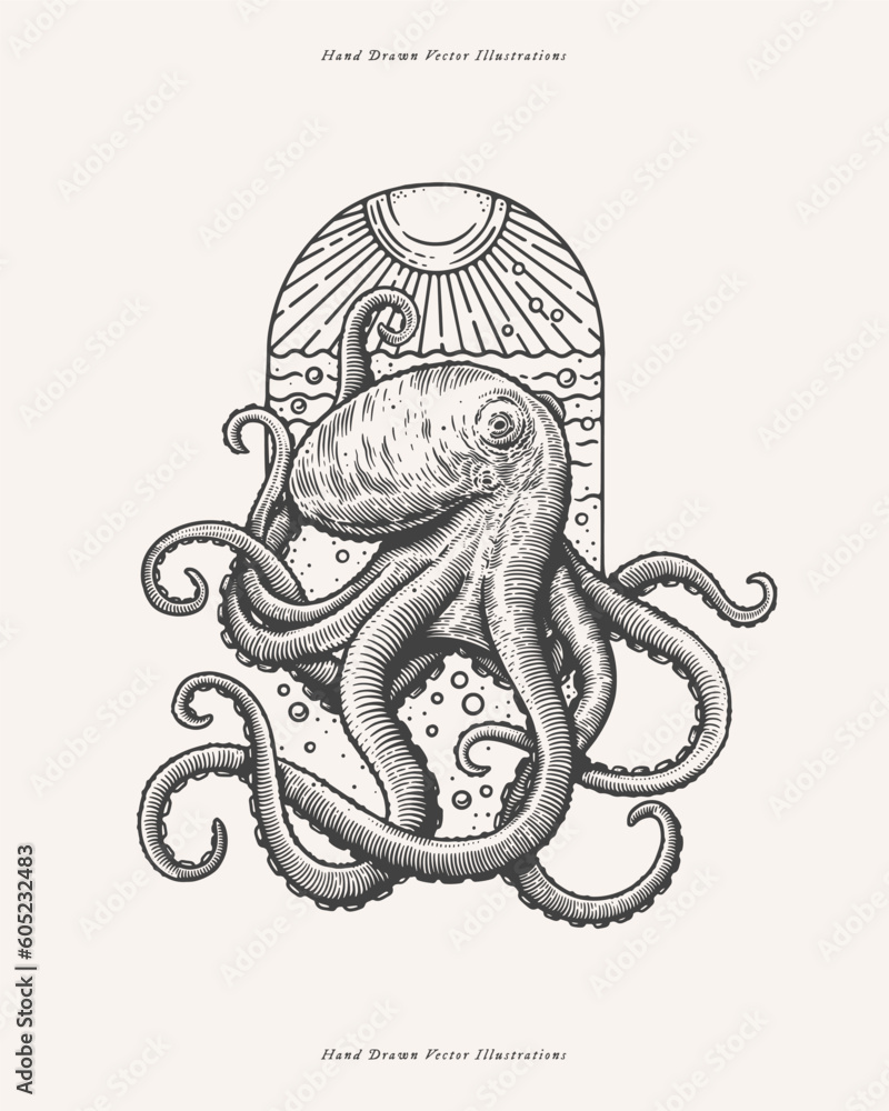 Hand-drawn image of an octopus and the sun rising over the sea. Ocean ...