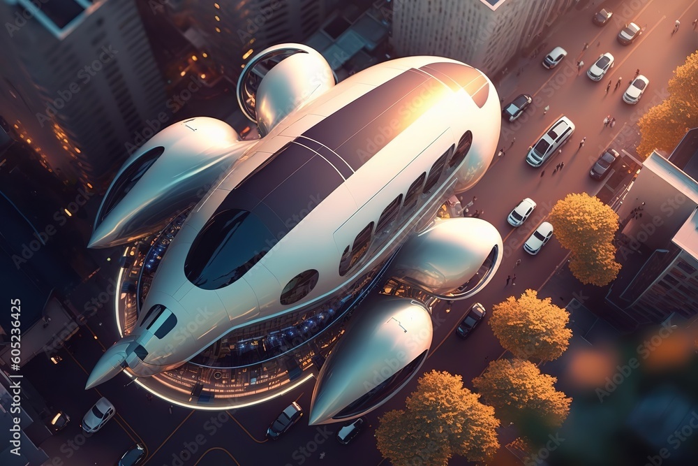 Fantastic flying car over the city, top view. Sports car, futuristic ...