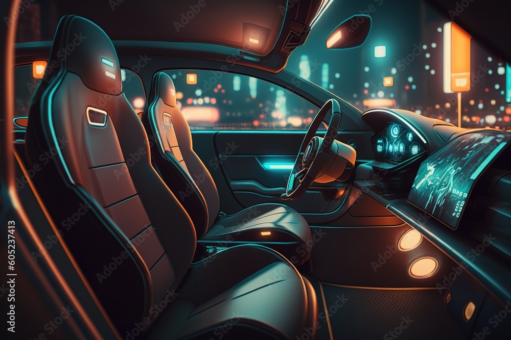 Car interior, neon monitor, steering wheel and controls, side view ...