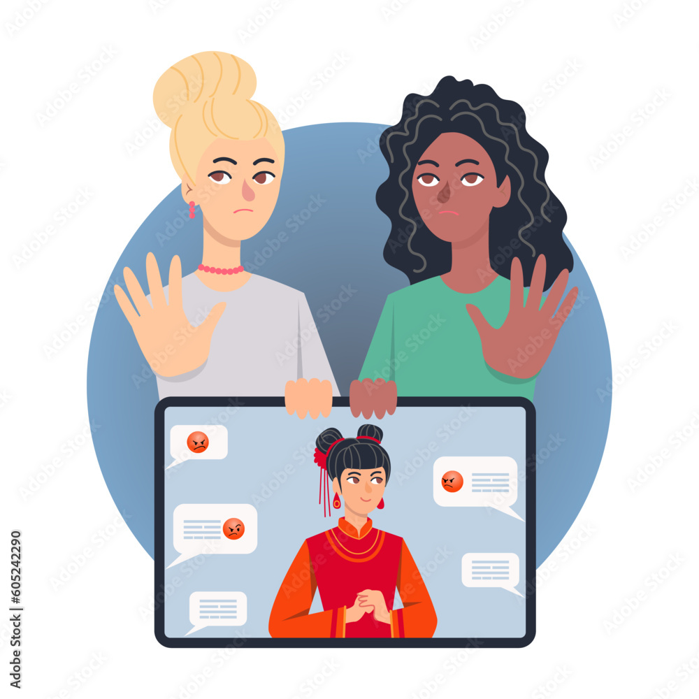 Upset women showing offensive advertisement with Asian model. Girls ...