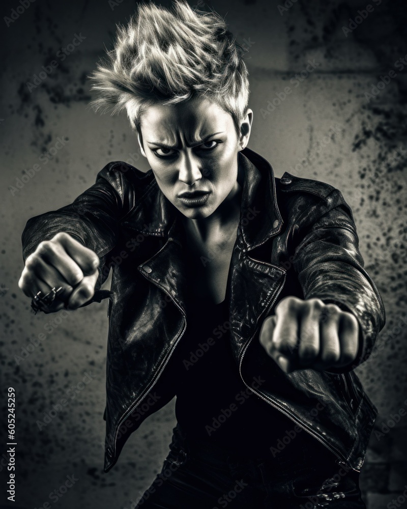 Short Hair Blonde Punk Rocker Girl Black and White Portrait. Woman ...