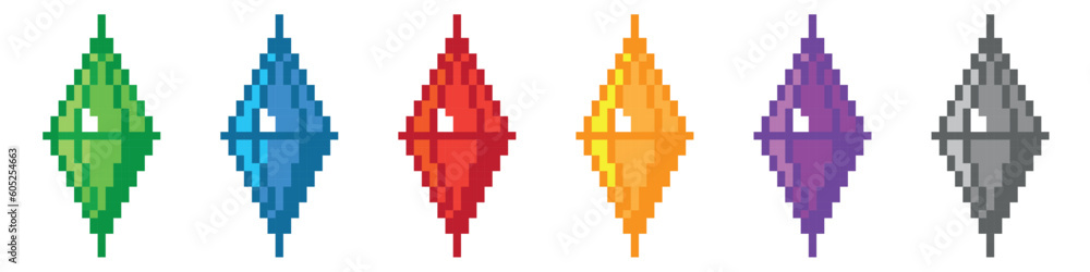 Pixel art 8-bit.Set of a diamonds and crystals pixel of different ...