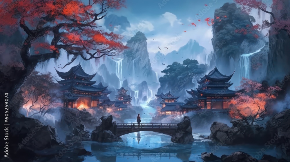 Chinese fantasy style scene art Stock Illustration | Adobe Stock