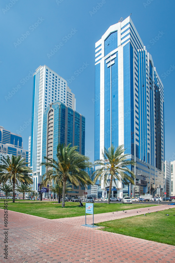 Dubai, UAE – april 09, 2023: Sharjah, Al Majaz Waterfront, high-rise ...