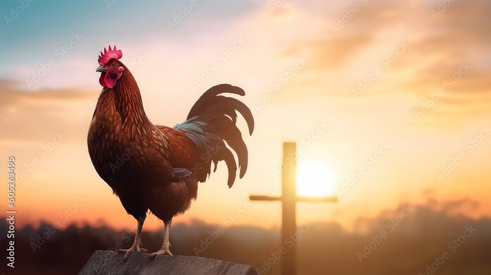 Peter denies Jesus concept: rooster on blurred beautiful sunrise sky ...
