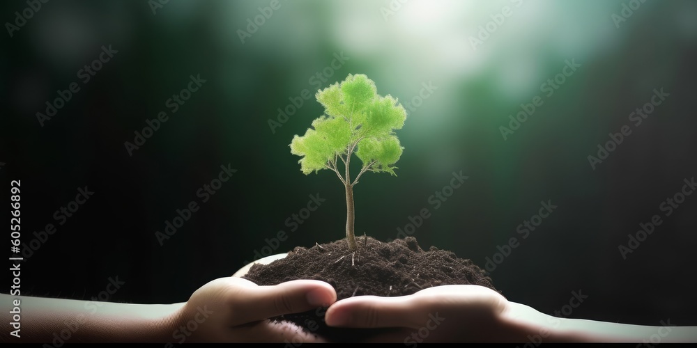 ESG concept: tree planting growing green earth on volunteers hands and ...