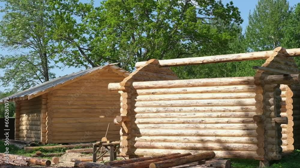 Wooden log building, housing. Log cabin. Wood House exterior. Country ...