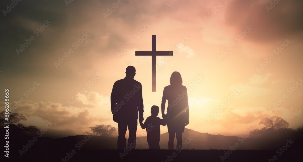 Family concept: Parents and children pray together on the cross ...
