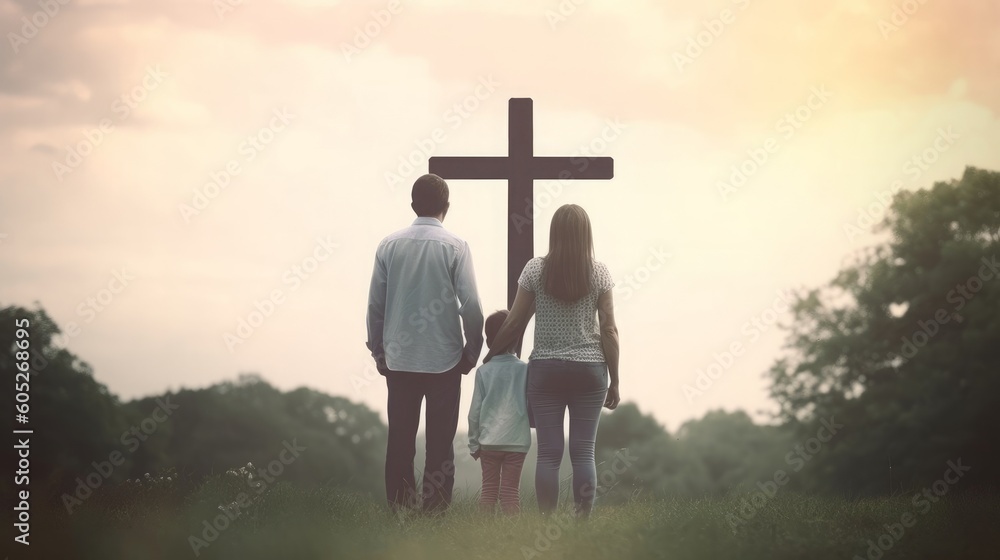 Family concept: Parents and children pray together on the cross ...