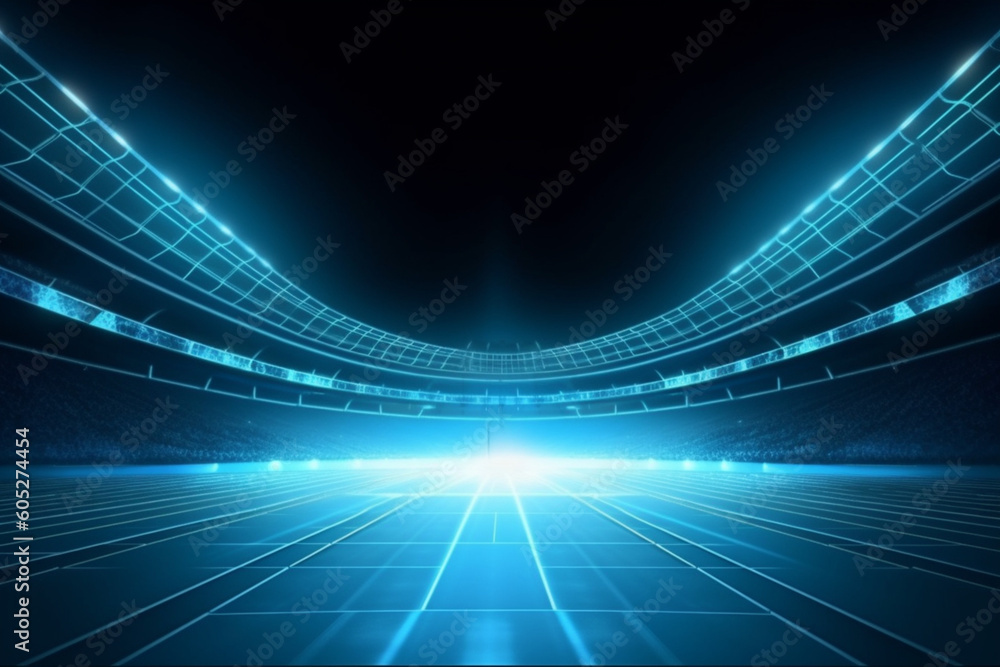 Abstract blue neon stadium background illuminated with lamps on ground ...