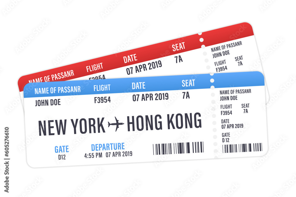 Realistic air ticket design with passenger name. Airplane ticket or ...