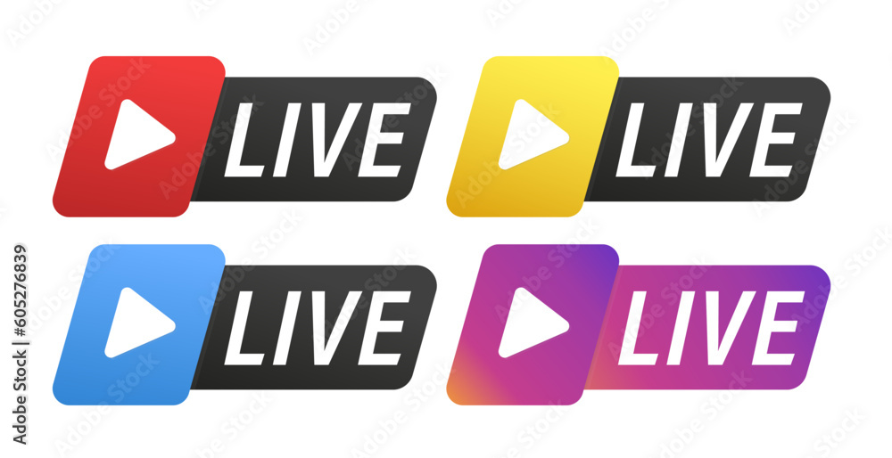 Set Live stream button. Live streaming, vector design element with play button. Internet video ...