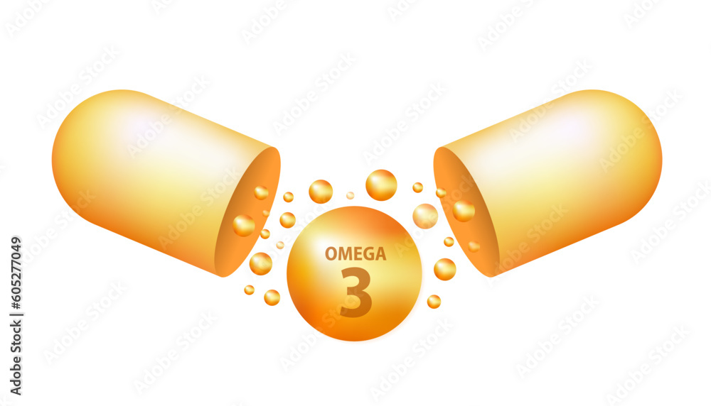 Golden drops of Omega three. Polyunsaturated fatty acids Omega-3 ...