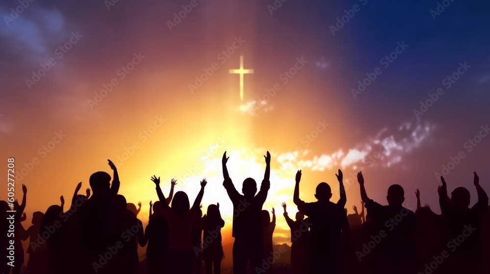 Worship and praise concept: Silhouette many people raised hands over ...