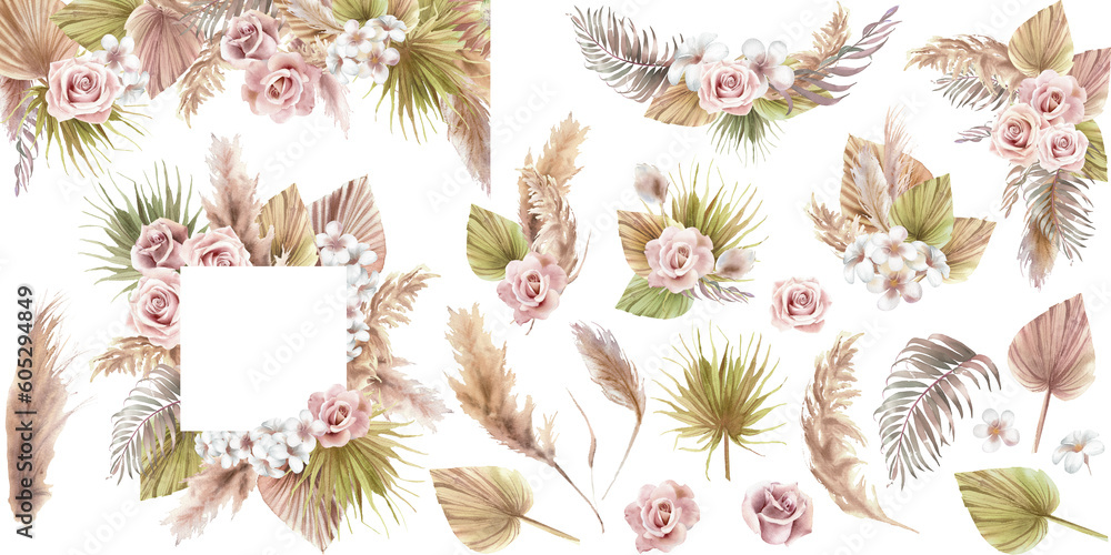 Watercolor boho floral clipart set. Pampas grass border, palm leaves ...