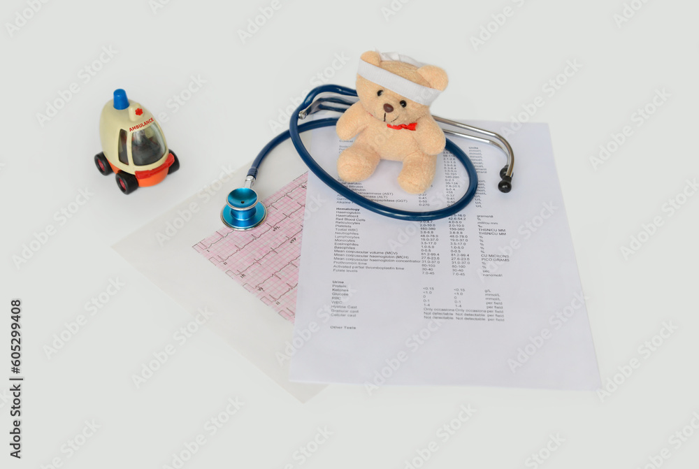Teddy bear getting ill. Teddy bear over medical records. Children’s ...
