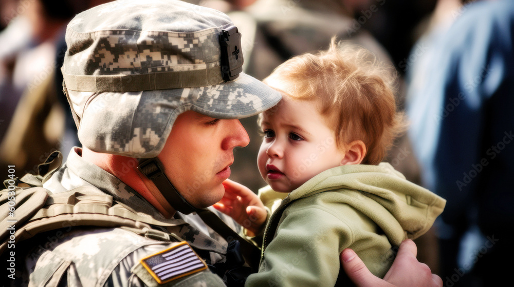 A touching moment of a small child, crying as he clings to his soldier ...