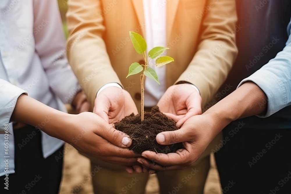Businessmen and community together planting trees for sustainable ...