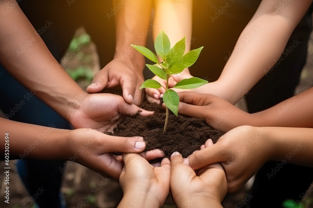 Businessmen and community together planting trees for sustainable ...