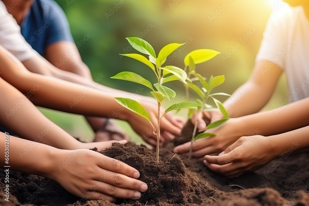 Businessmen and community together planting trees for sustainable ...
