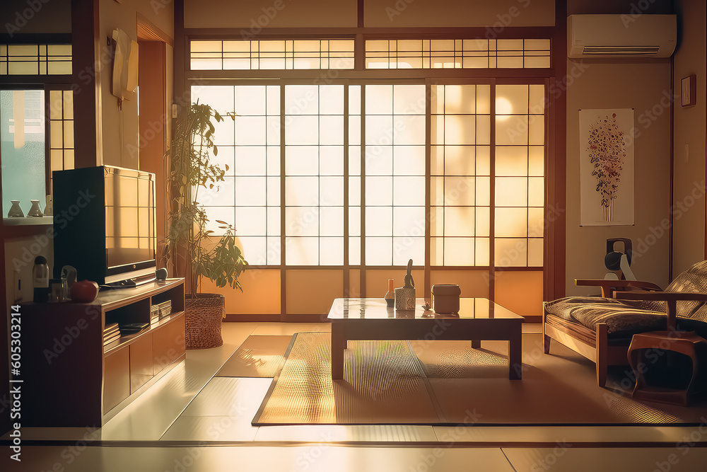japanese living room interior concept with designer wooden chest of ...