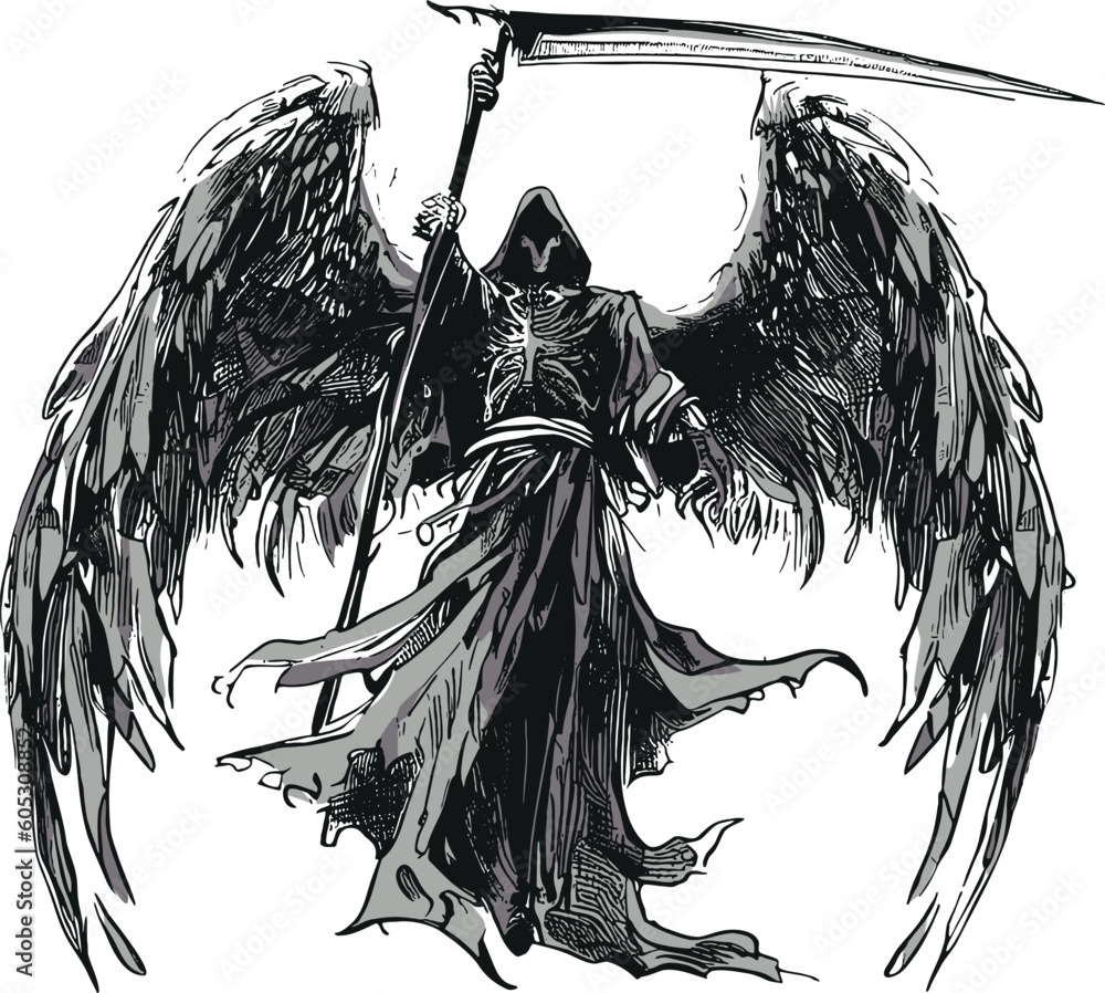 angel of death with wings and a scythe raised to the top vector image ...
