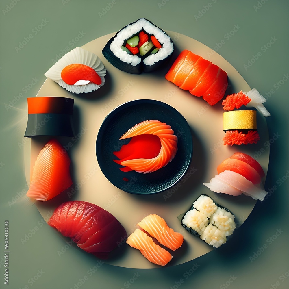 Tabla de sushi variado, con niguiri de salmon y de atún, futomakis ...