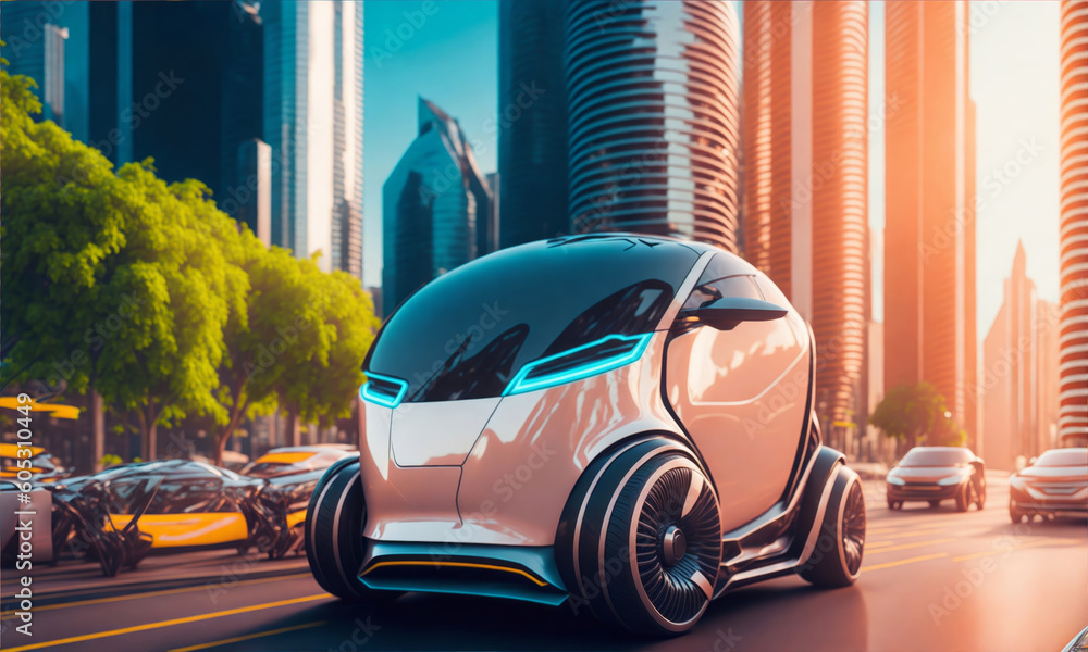 Smart Futuristic Car concept in Modern Smart City Street, Generative AI ...