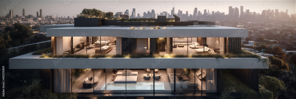 AI generative image of sprawling multi-level mansion with modern design ...