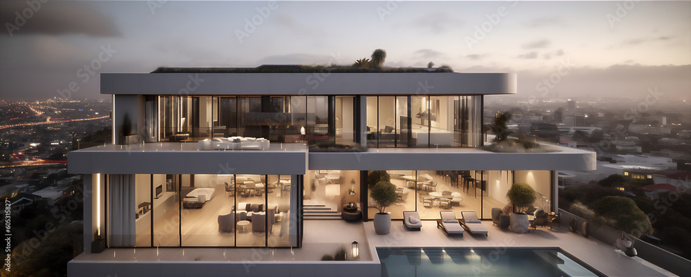 AI generative image of sprawling multi-level mansion with modern design ...