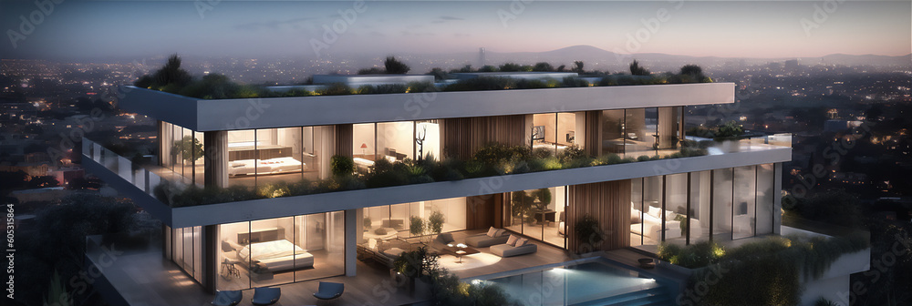 AI generative image of sprawling multi-level mansion with modern design ...