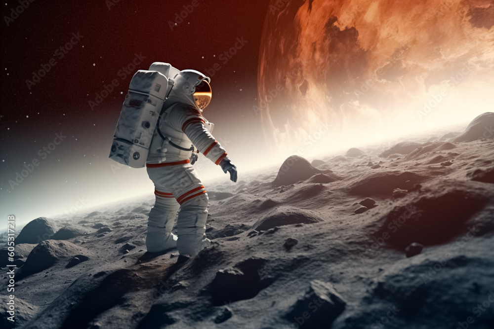 Astronaut in a space suit in space walks on the alien planet ...