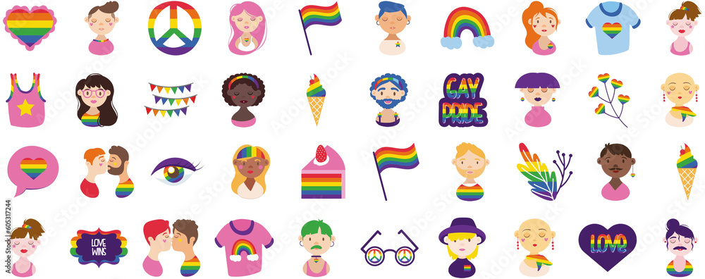 Pride LGBTQ+ icon set, LGBTQ+ related symbols set in rainbow colors ...