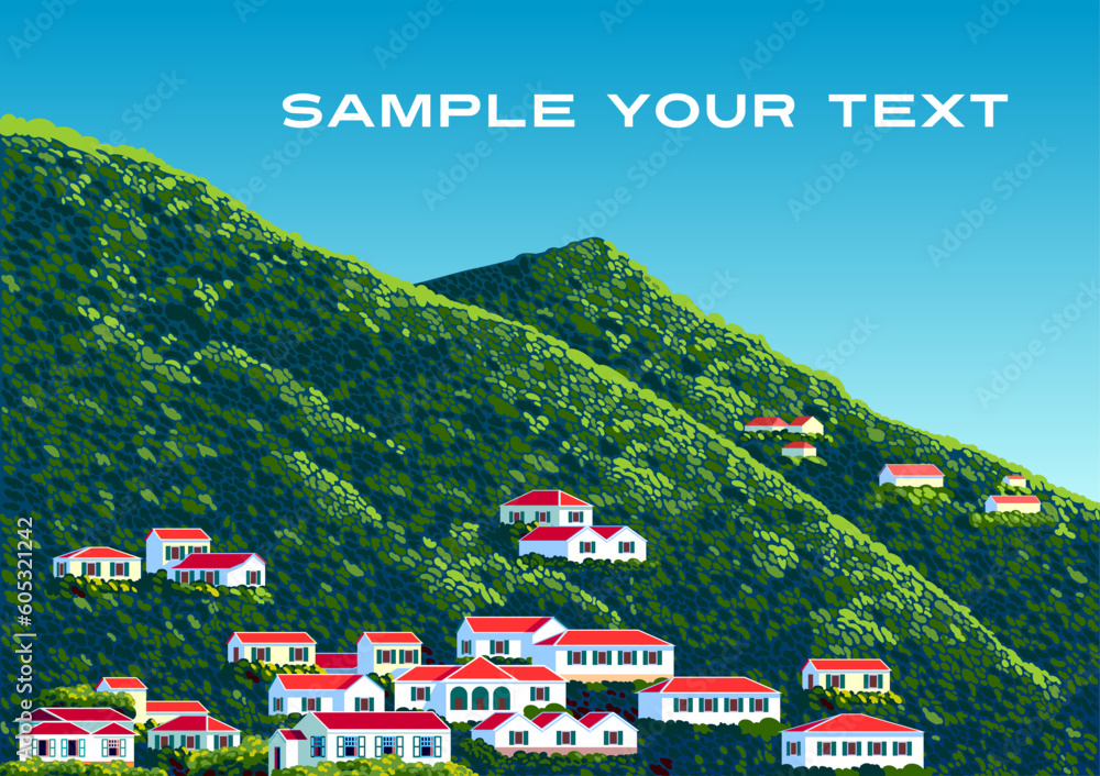 Tropical Island cityscape with traditional houses and green mountains ...