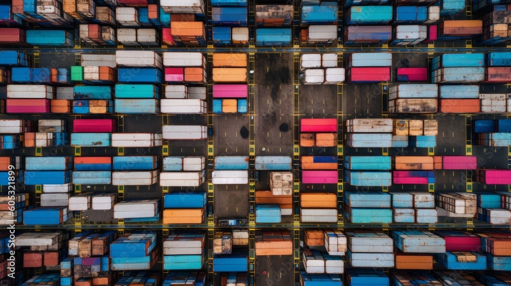 Overhead view of shipping containers, tightly stacked, forming an ...