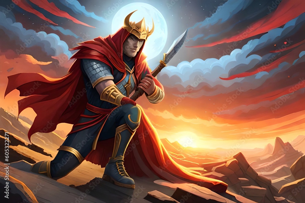 Fantasy scene with knight in armor and helmet holding sword in the sky ...
