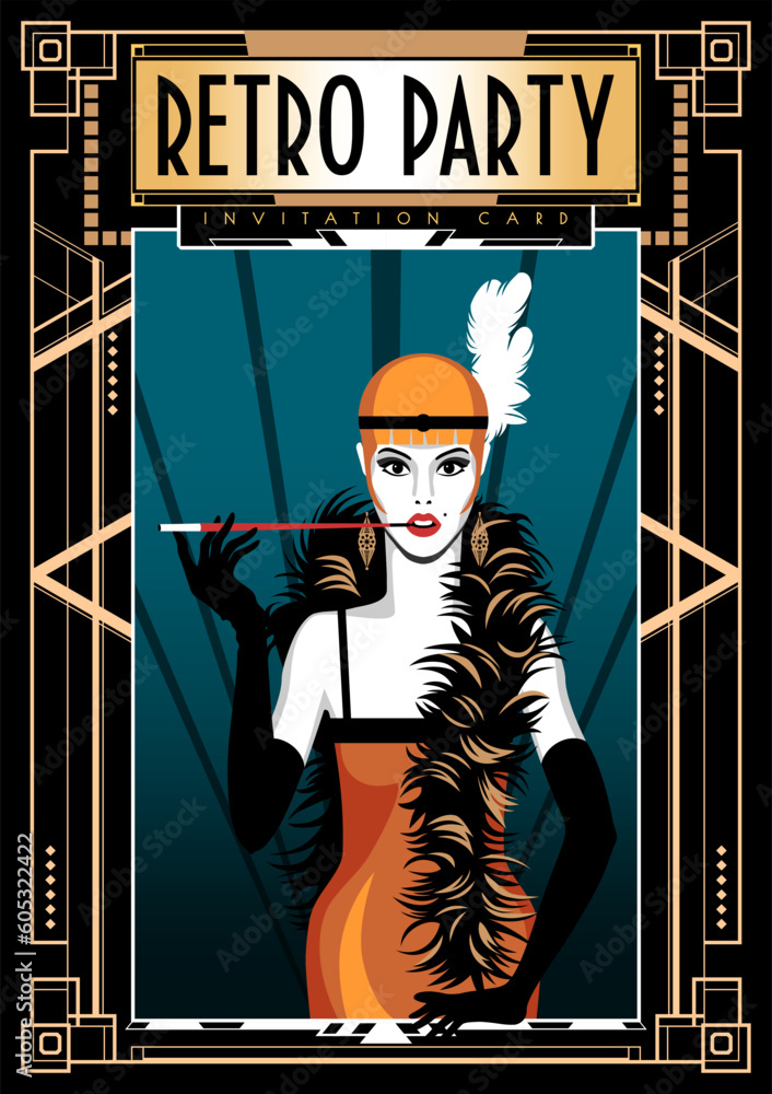 Girl in evening dress with with mouthpiece and cigarette. Retro party ...