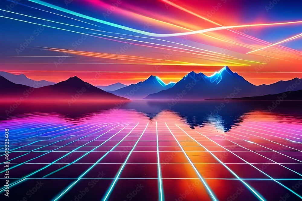 Retro landscape skyline with neon ,ray of light, grid, sunset and ...