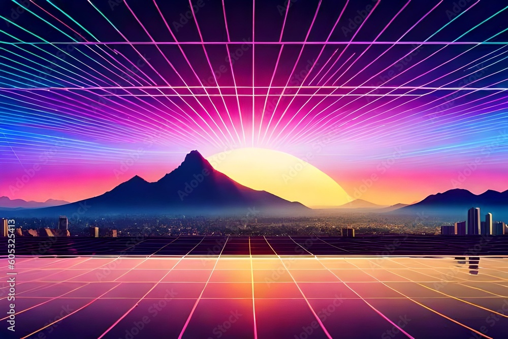 Retro landscape skyline with neon ,ray of light, grid, sunset and ...
