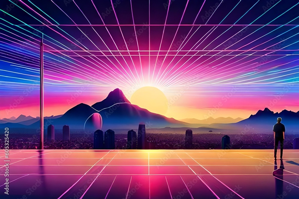 Retro landscape skyline with neon ,ray of light, grid, sunset and ...