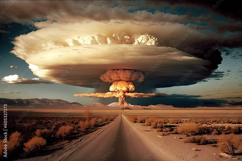 giant mushroom cloud billowing over devastated landscape after nuclear ...