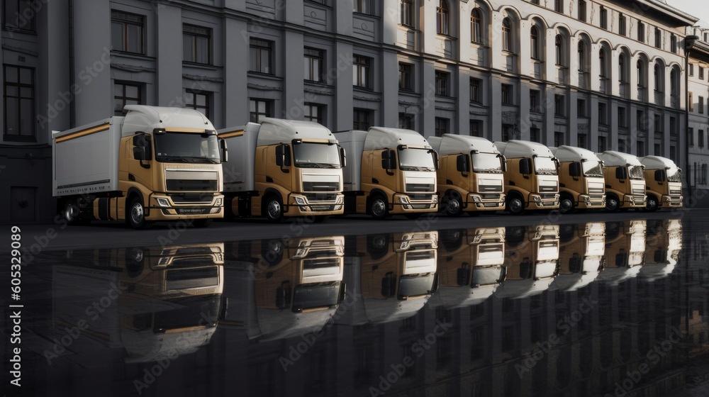 Logistics hall center with electric vehicle fleet charging. Unloading ...